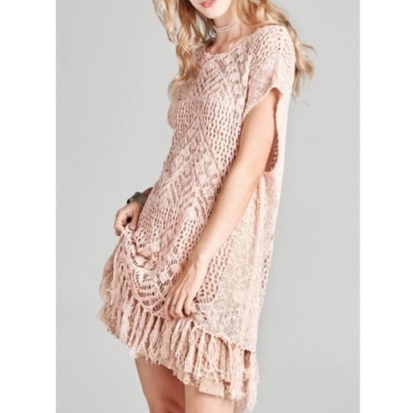 Tops | Was 32 Pink Sheer Fringe Tunic Top Crochet Coverup Layering ...